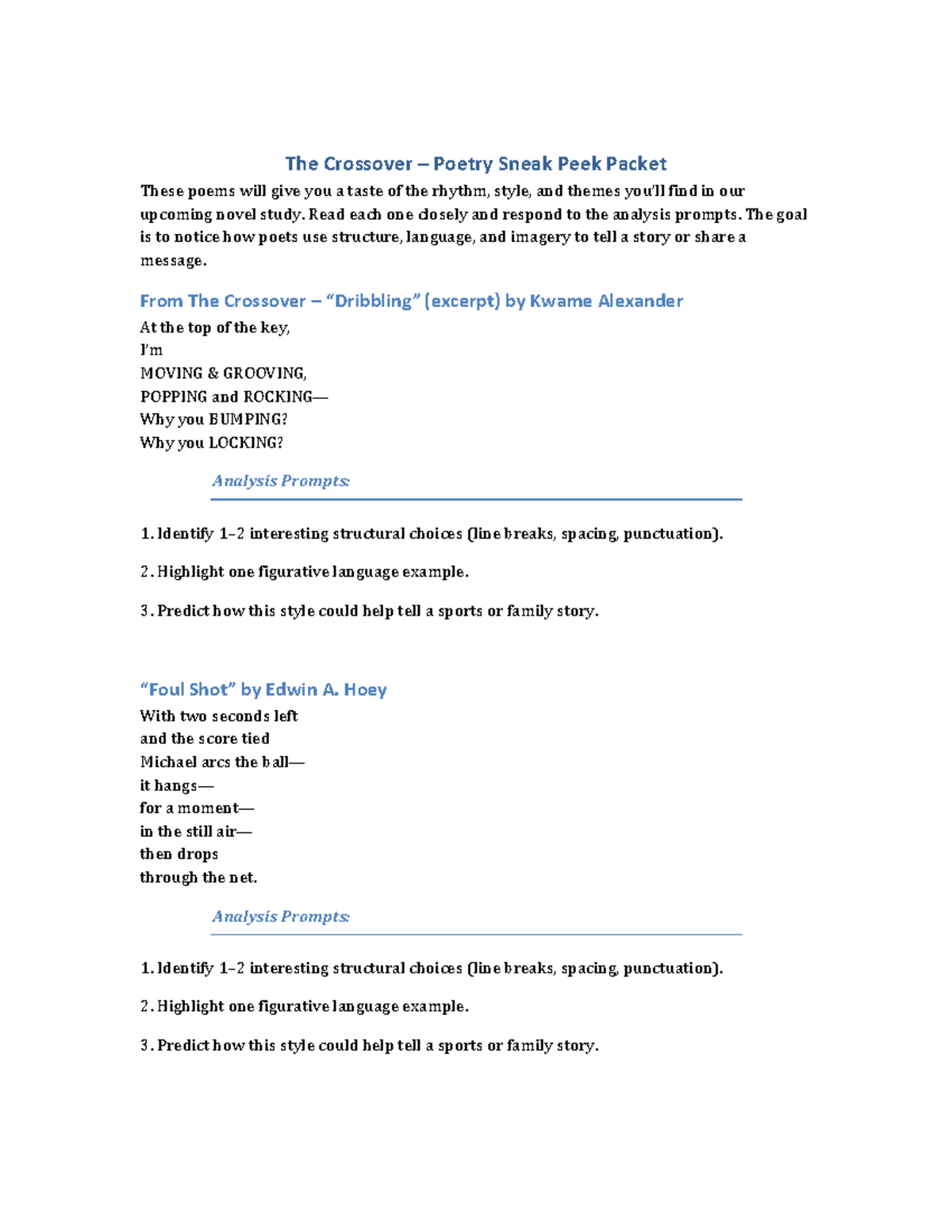 The Crossover Poetry Analysis Packet: Themes & Structure Insights - Studocu