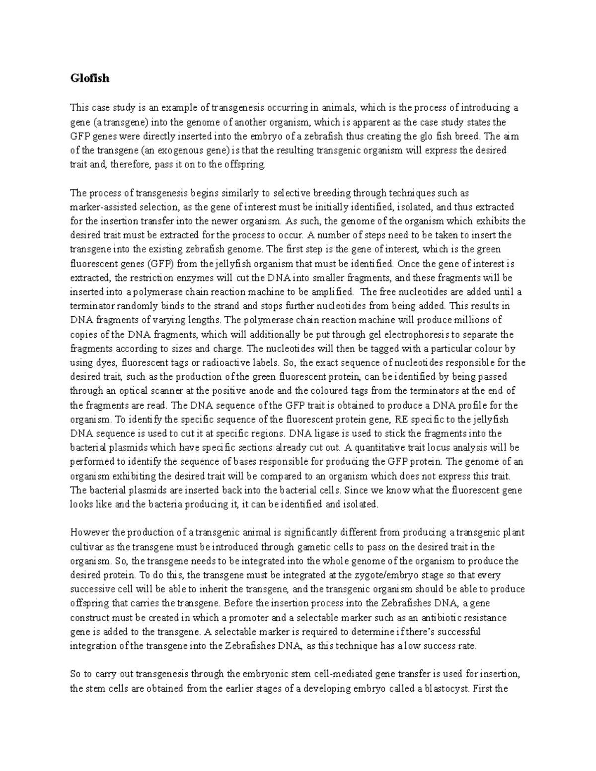 GLO 202: Case Study on Glofish Transgenesis in Zebrafish - Studocu