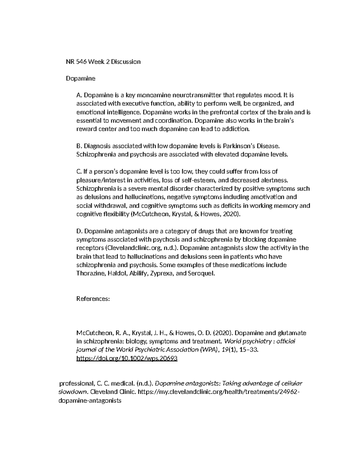 NR 546 Week 2 Discussion: The Role of Dopamine in Mental Health - Studocu