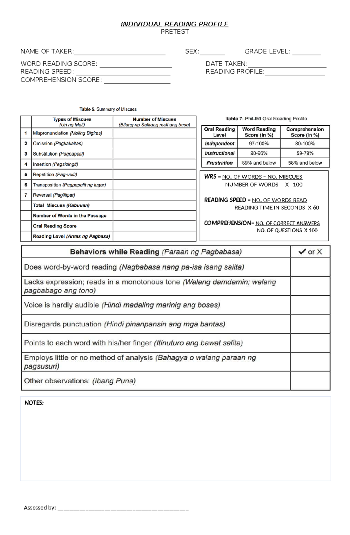 Individual Reading Profile Template: Pretest & Posttest Analysis - Studocu