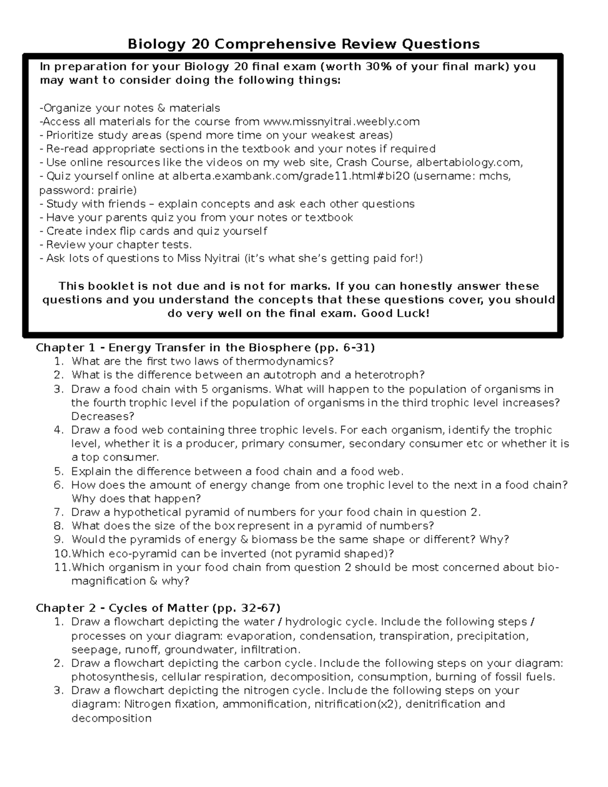 Biology 20 Final Exam Comprehensive Review Questions & Study Guide ...