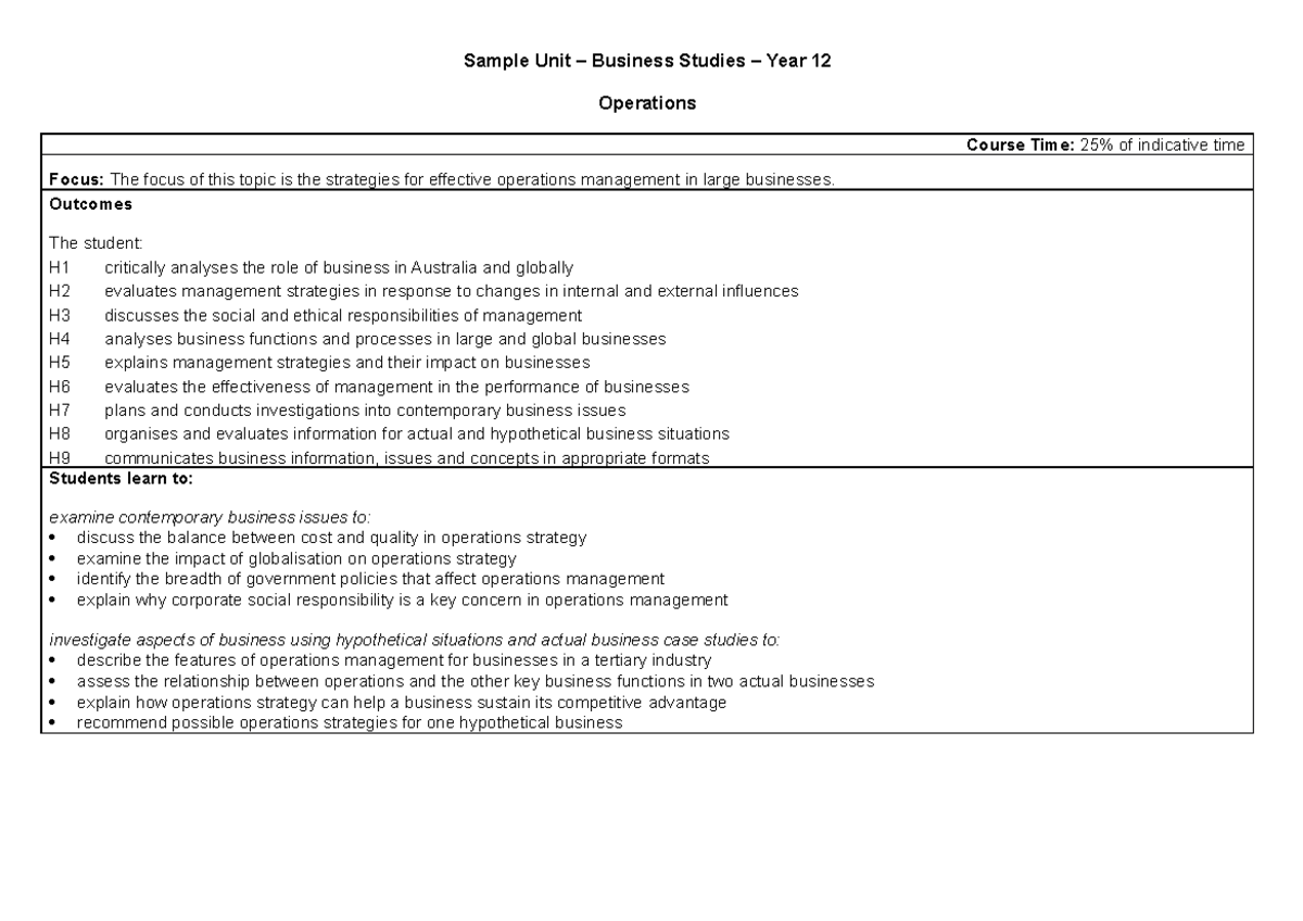 Business studies year 12 sample unit operations - Sample Unit ...