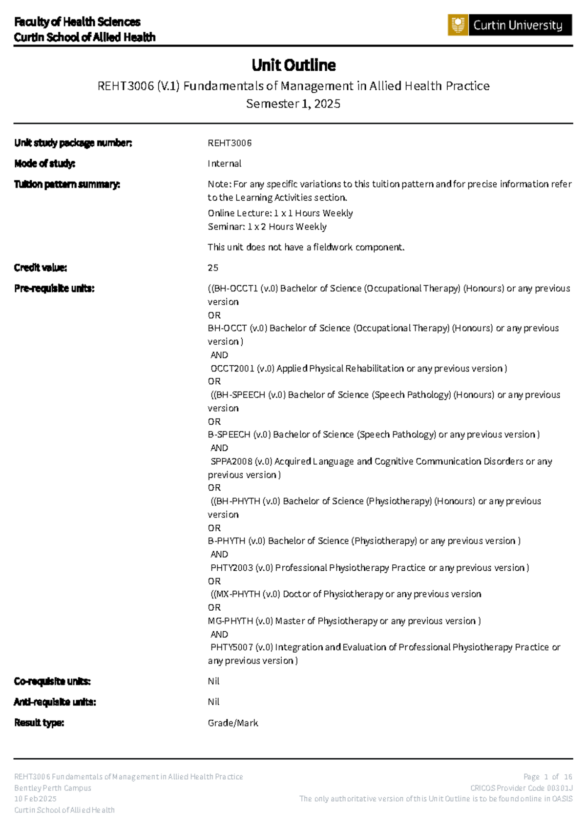 REHT3006 Unit Outline: Fundamentals of Management in Allied Health ...
