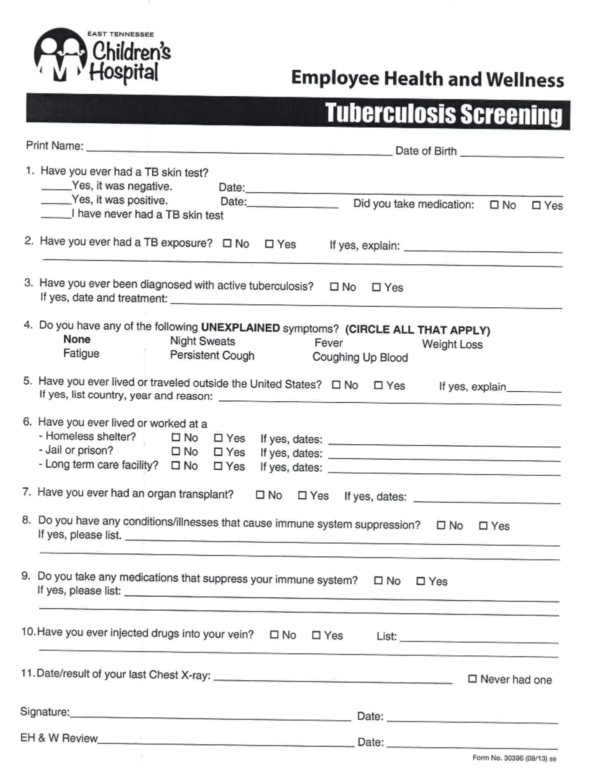 ETCH Tuberculosis Screening Form for Employee Health and Wellness - Studocu