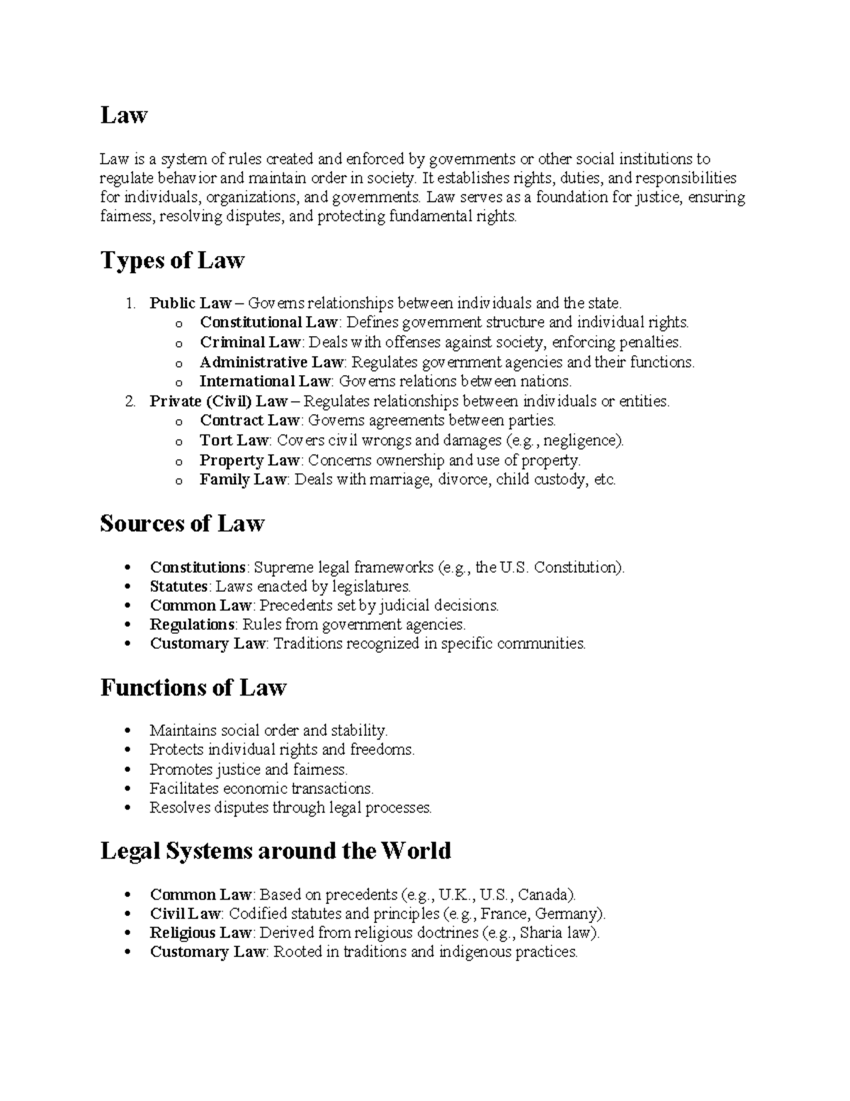 LAW - LAW NOTES - Law Law is a system of rules created and enforced by ...