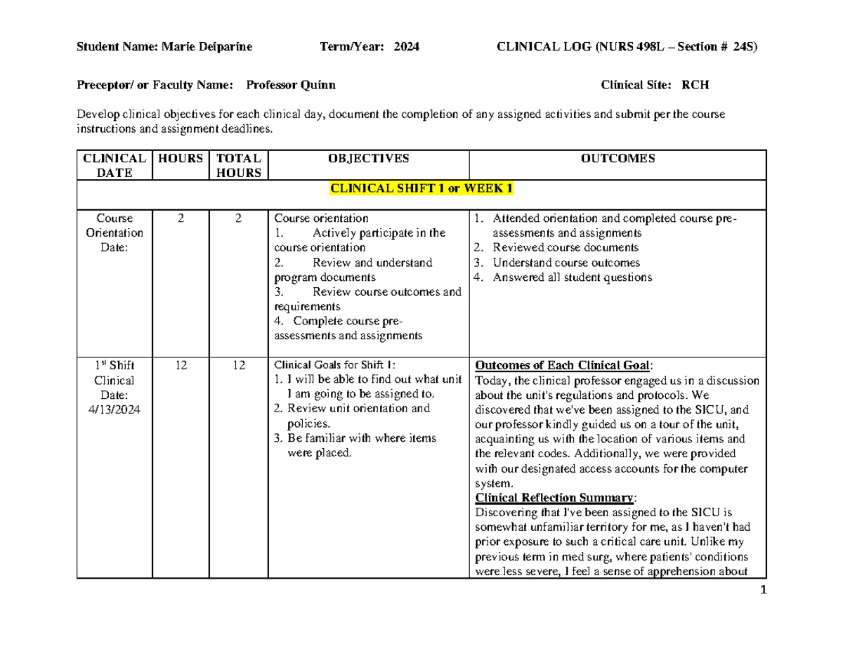 Clinical LOG WEEK 1-3 - none - Preceptor/ or Faculty Name: Professor ...