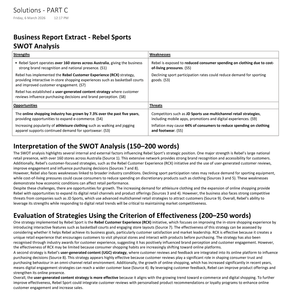 Solutions - PART C - Business Report: Rebel Sports SWOT Analysis FA1 ...