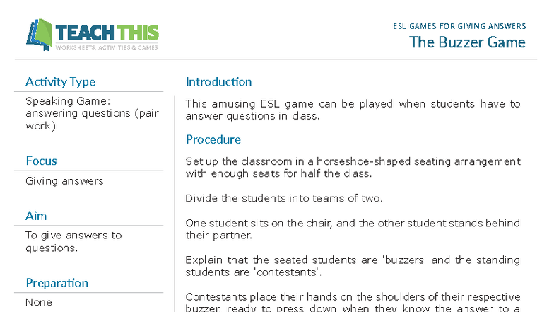 ESL 101: The Buzzer Game - Engaging Speaking Activity Worksheets ...