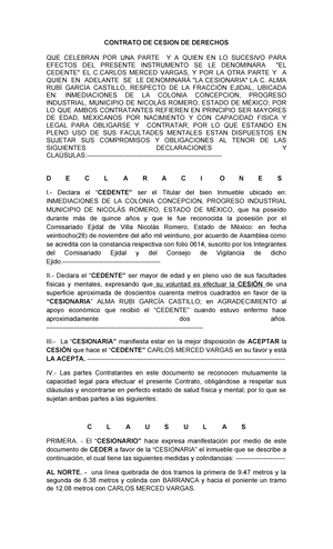 Cesión de Derechos - Contrato entre Raúl Salinas y Cesionario - Studocu