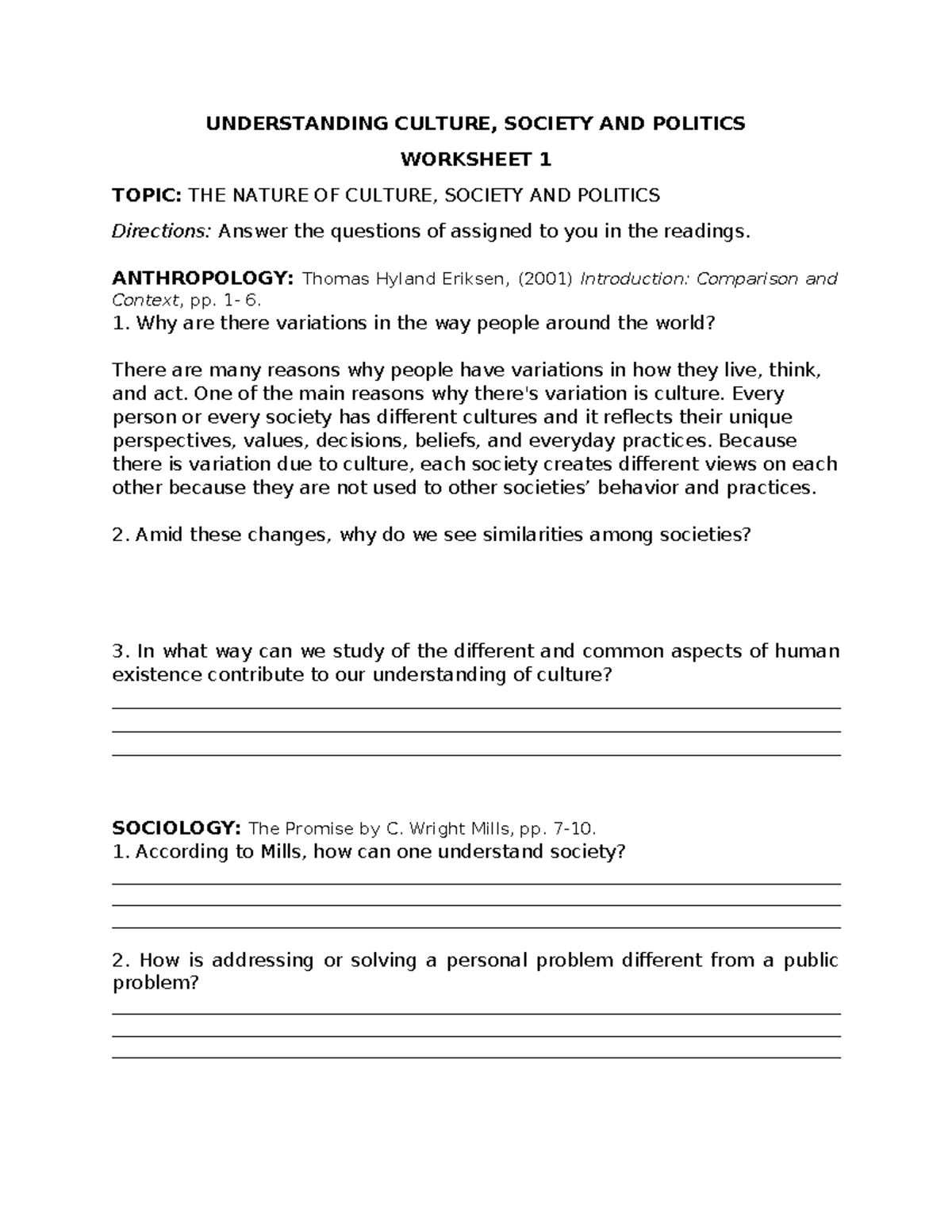 UCSP-worksheet-1 - 5t5t - UNDERSTANDING CULTURE, SOCIETY AND POLITICS ...