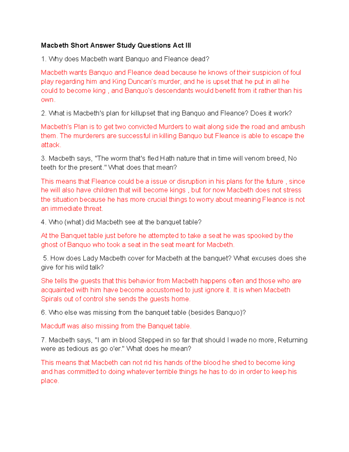 Macbeth Study Guide Questions Act III, IV & V 2 - Macbeth Short Answer ...