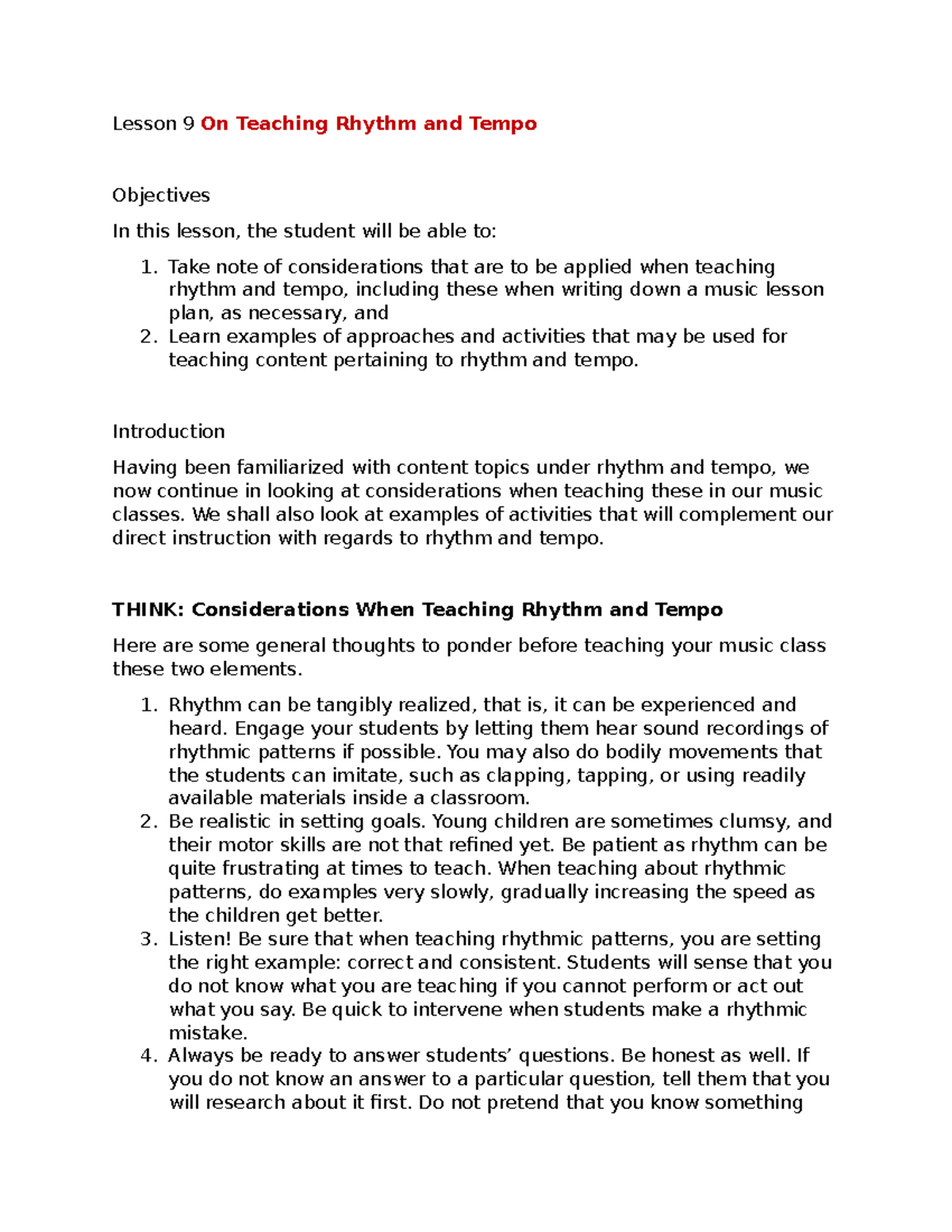 Lesson 9: Teaching Rhythm and Tempo in Music Education - Studocu