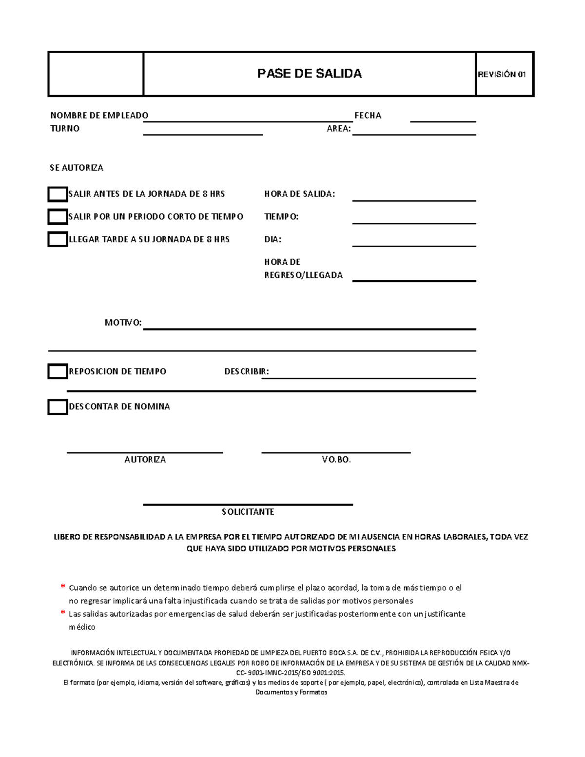 Formato de PASE DE SALIDA - Autorización y Registro de Tiempo - Studocu