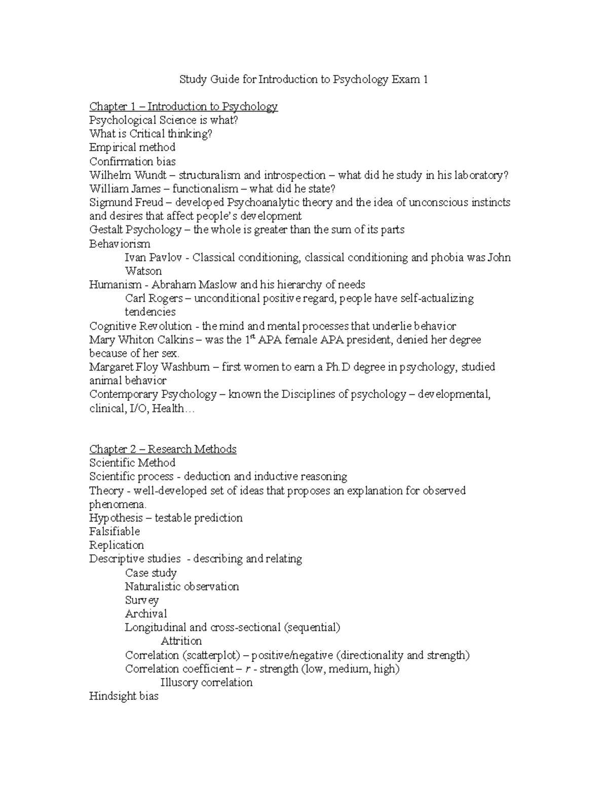 Study Guide for PSY 101: Introduction to Psychology Exam 1 - Studocu