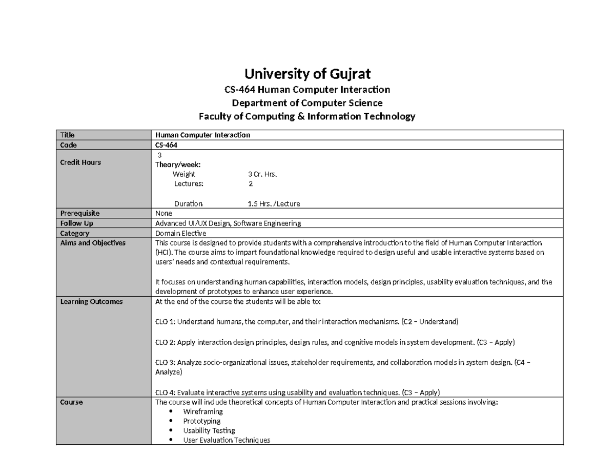 (CS-464) Human Computer Interaction Course Outline and Objectives - Studocu