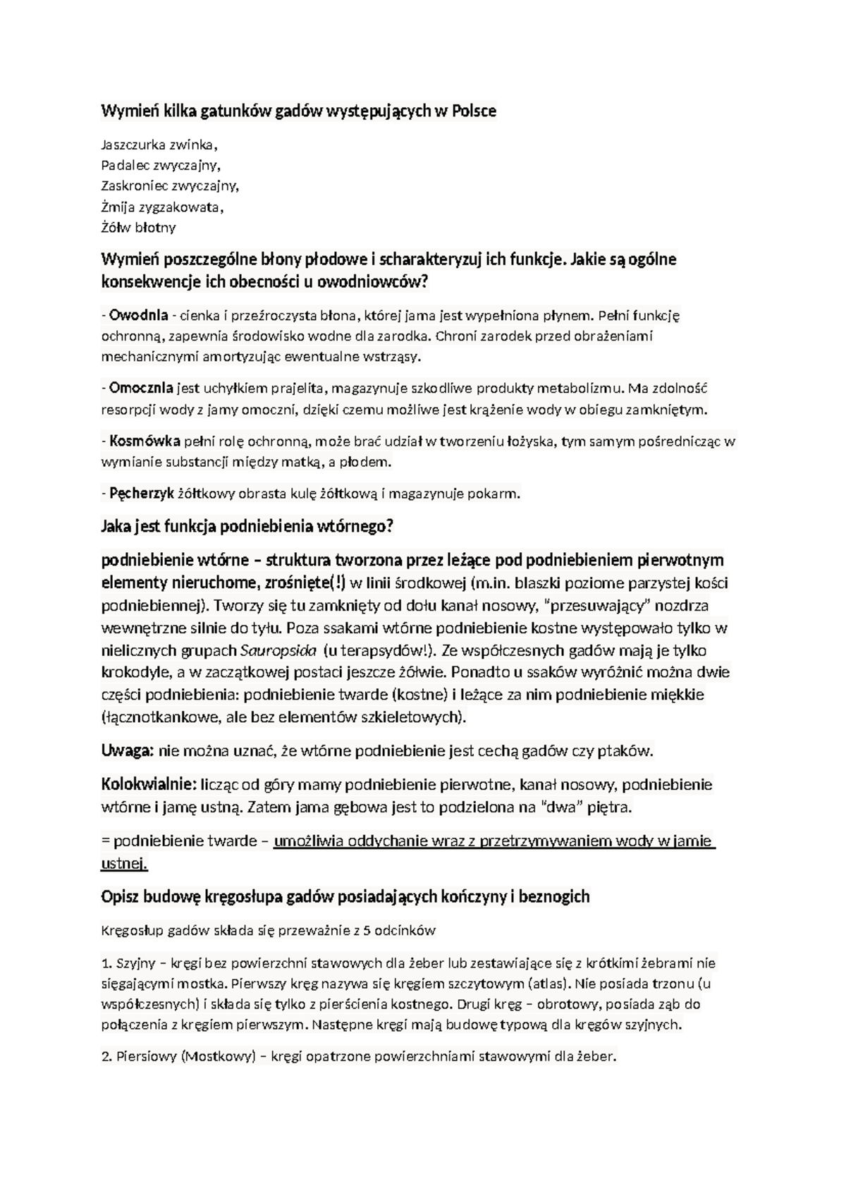 Gatunki gadów w Polsce oraz struktura ich budowy kręgosłupa - Studocu