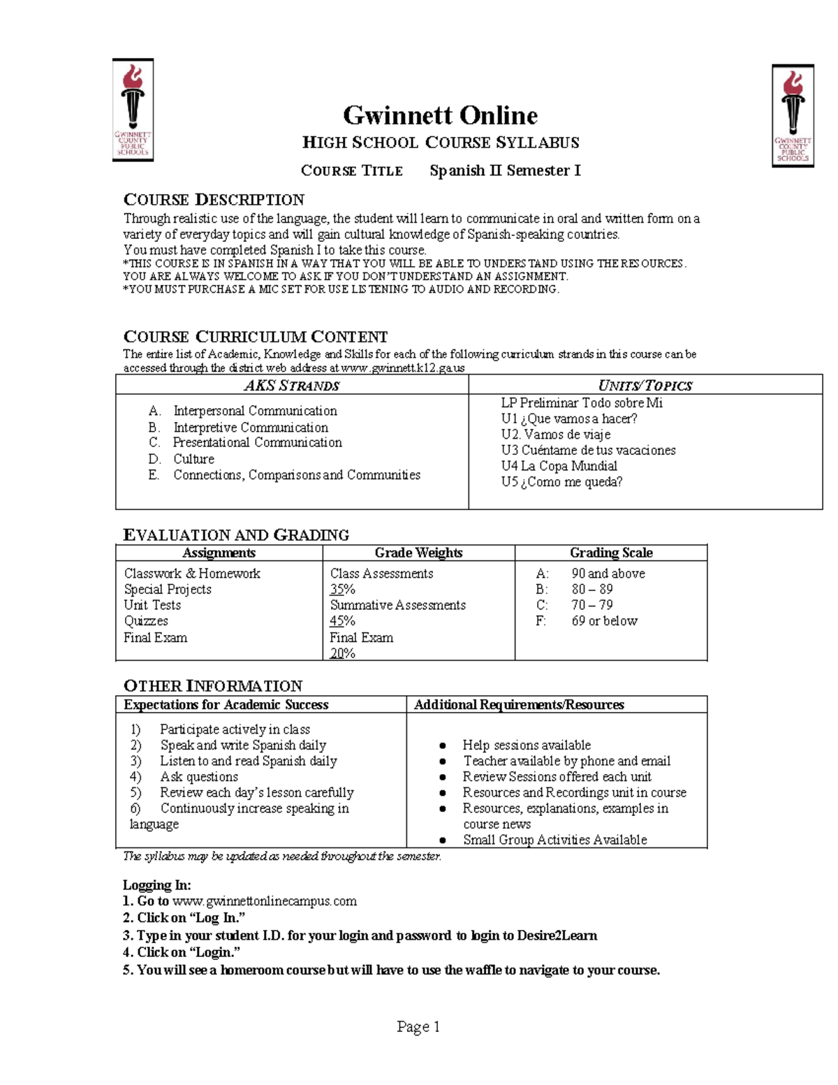 Spanish II Syllabus: Semester I Overview and Course Requirements - Studocu