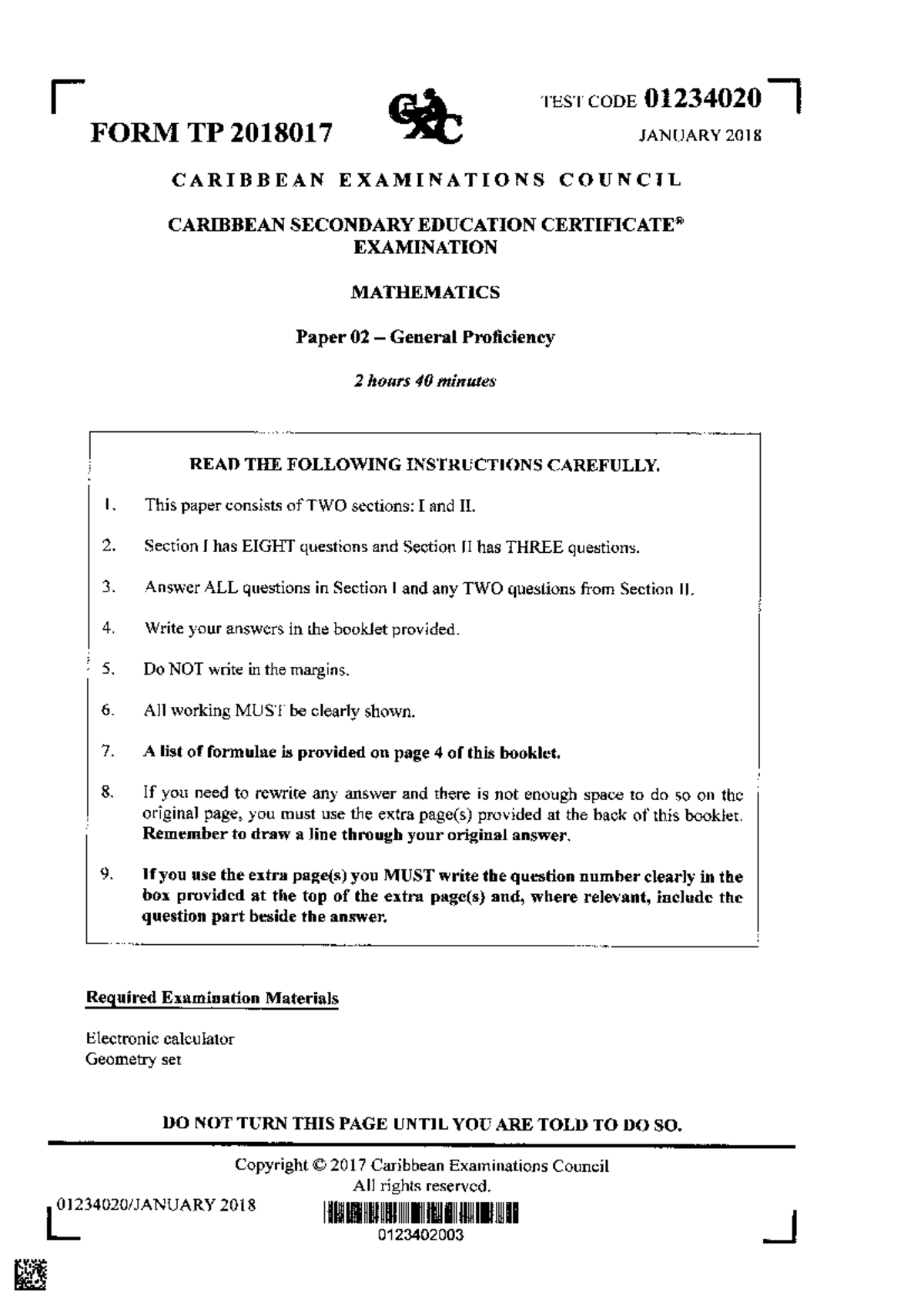 CSEC Mathematics Paper 02 (P2) January 2018 Exam Guide - Studocu