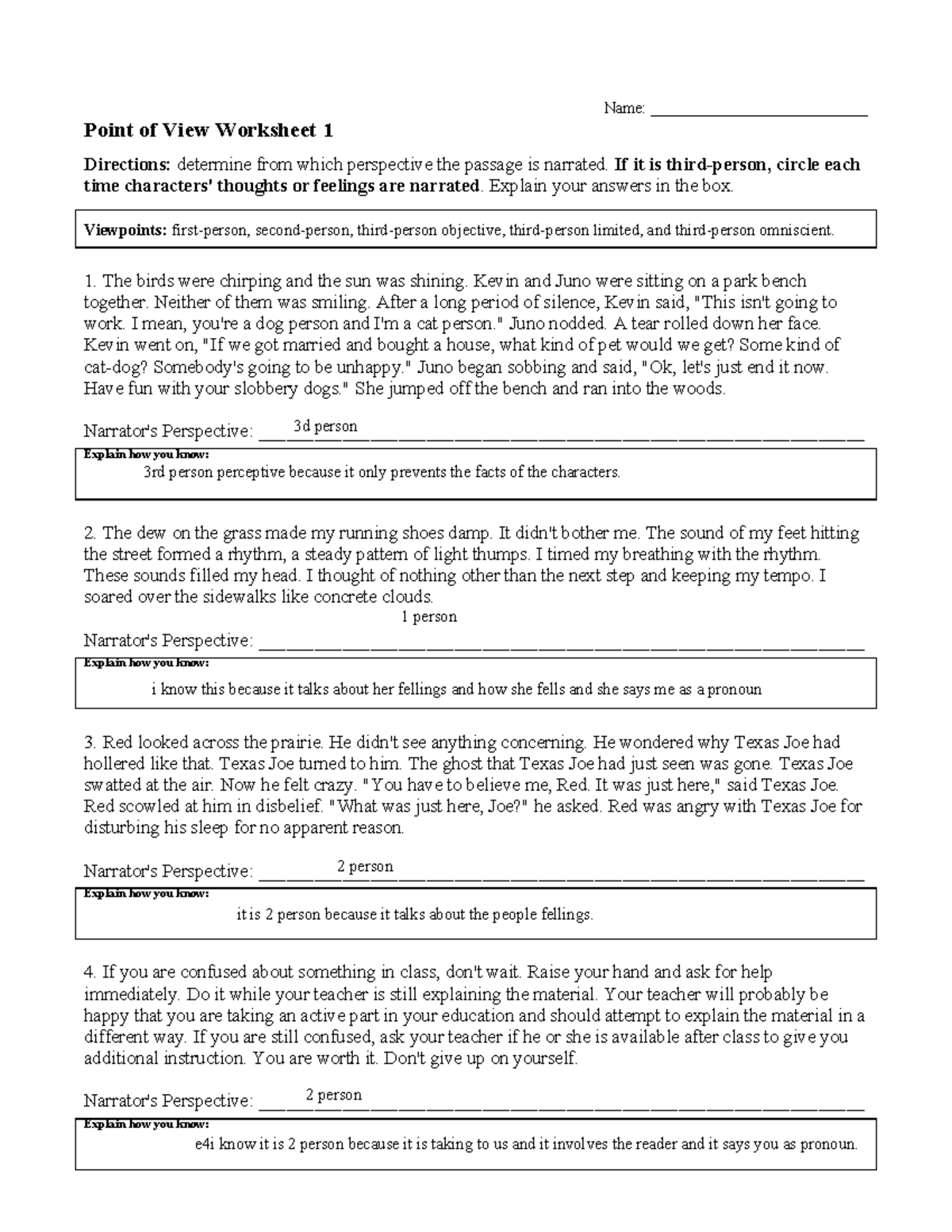 Braylon Griffiths - POV Worksheet: Analyzing Narrative Perspectives ...