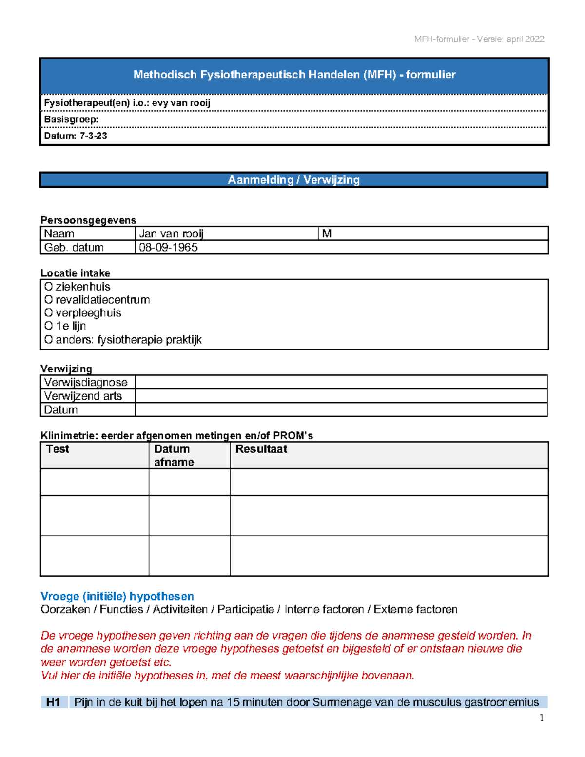 MFH-Klinisch verslag: Evaluatie en Behandelplan voor Jan van Rooij - Studeersnel