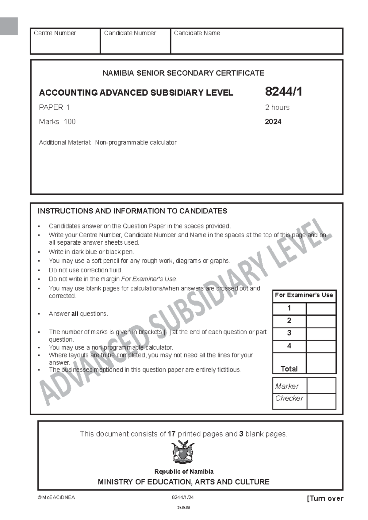 Accounting (Nsscas) AS Level Paper 1 - 2024 Instructions and Details ...