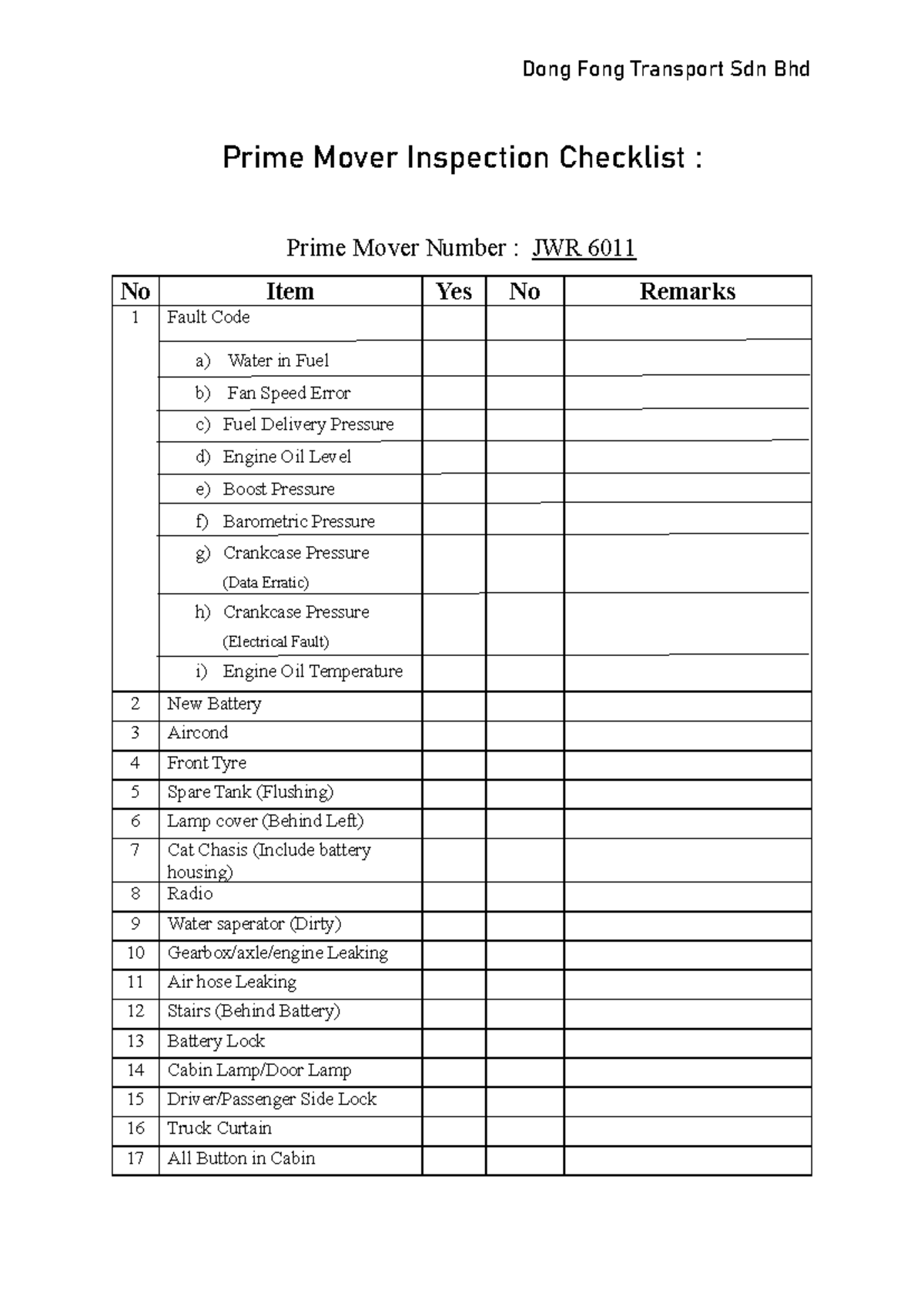Prime Mover Inspection Checklist for DF 101 - JWR 6011 - Studocu