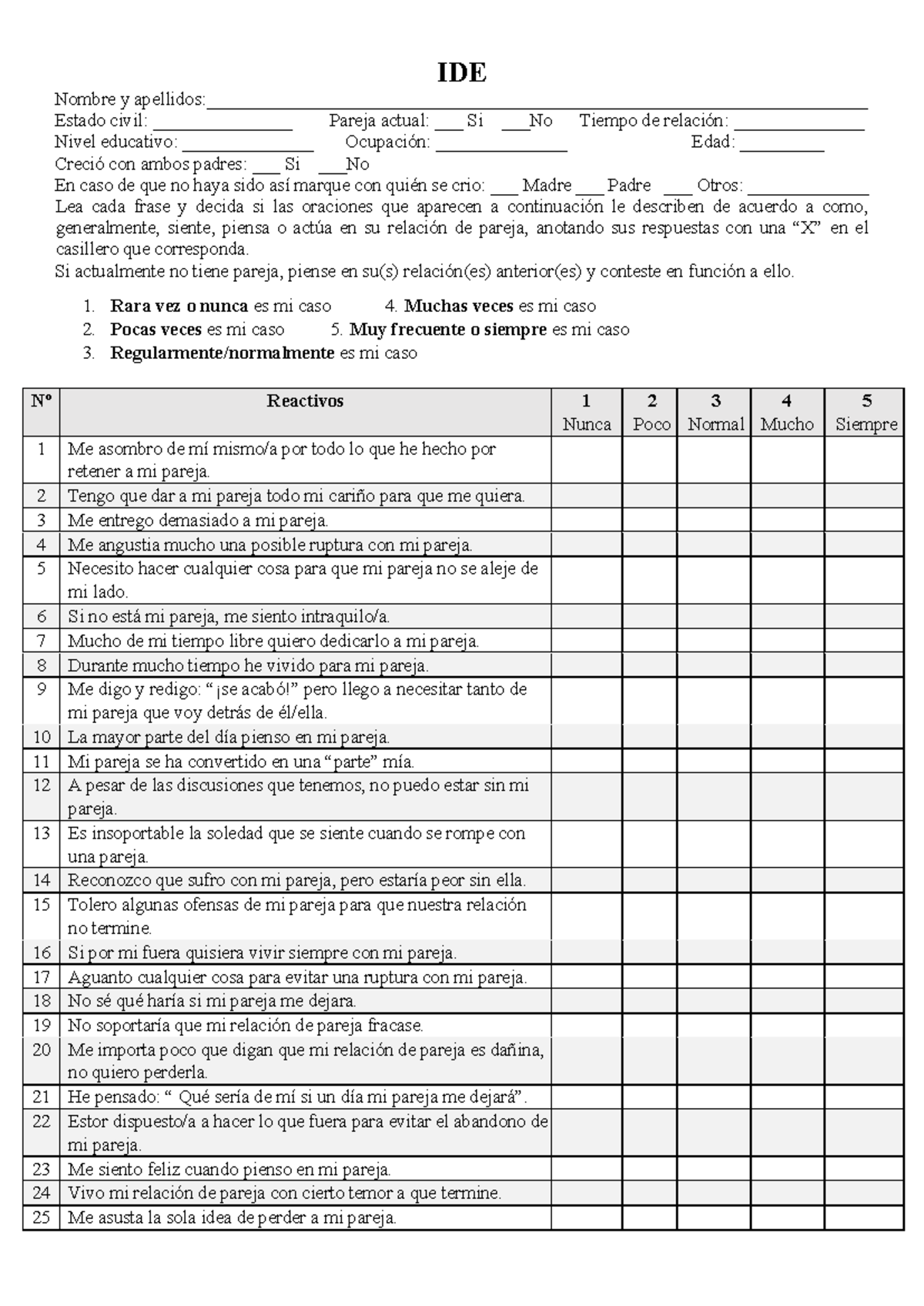 Inventario DE Dependencia Emocional IDE - IDE Nombre y - Studocu