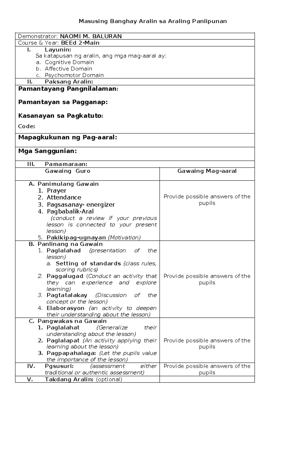 BEEd 2-Main: 5Es Lesson Plan Format for Araling Panlipunan - Studocu