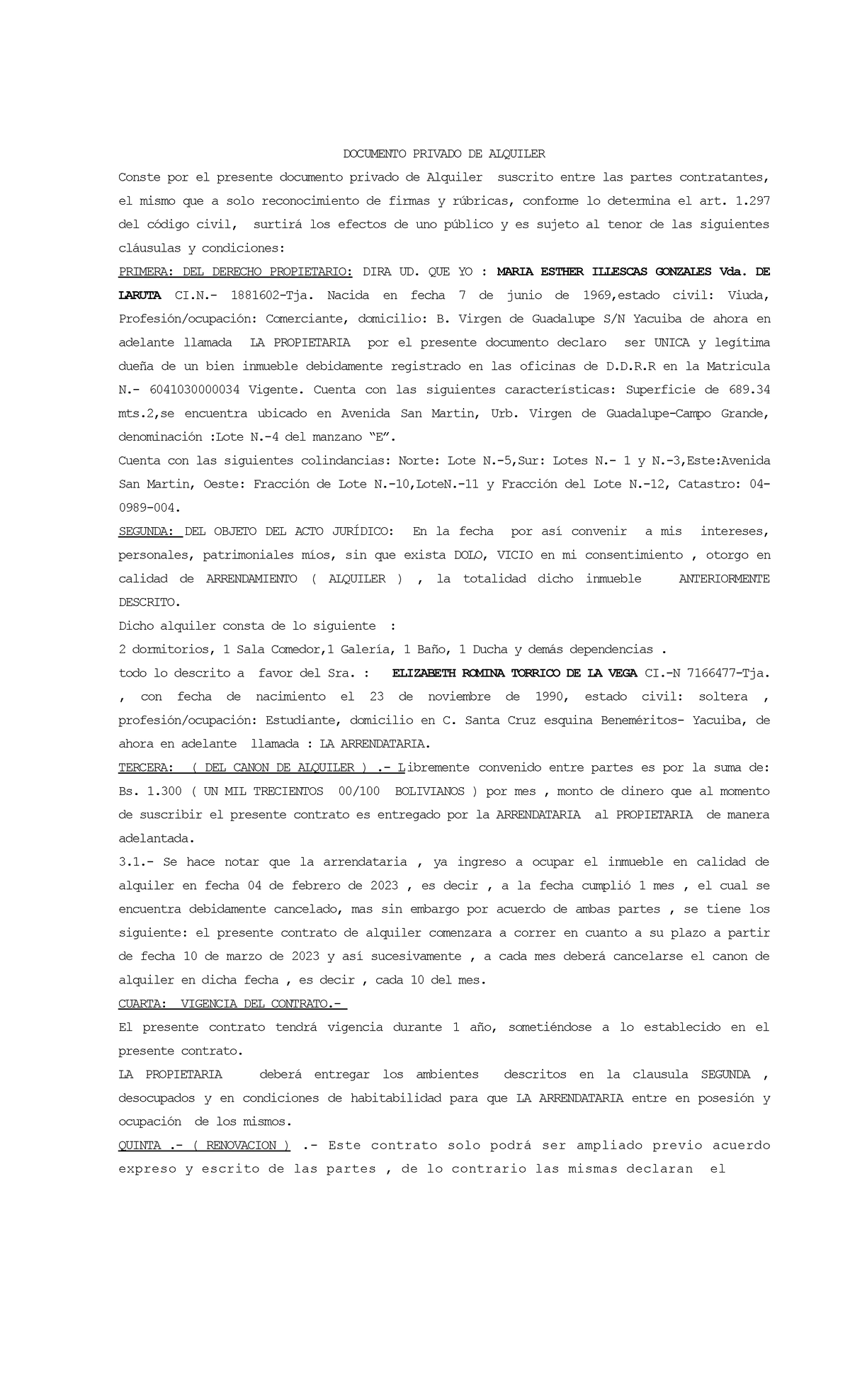 Contrato de Alquiler - María Esther Illescas y Elizabeth Torrico - Studocu