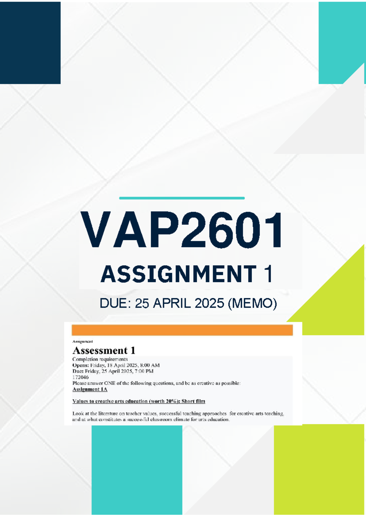 VAP2601 Assignment 1 memo: My creative arts teaching credo - Studocu