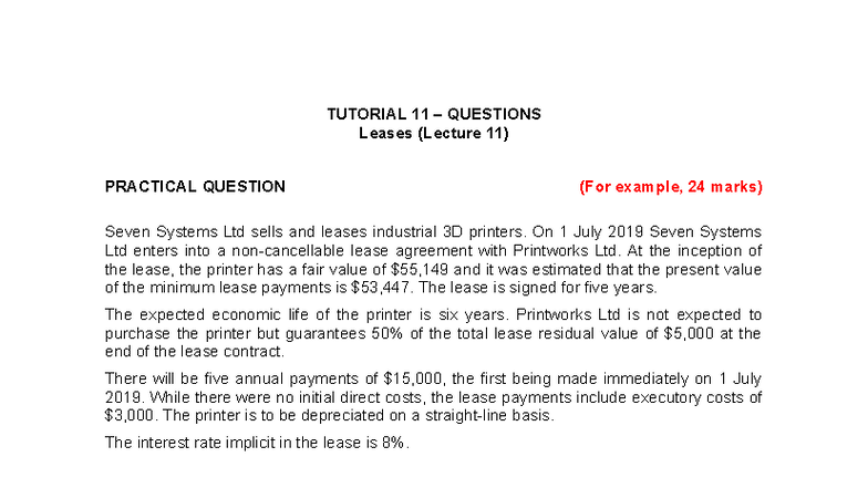 L11 Tutorial Questions on Leases (Lecture 11) - Studocu