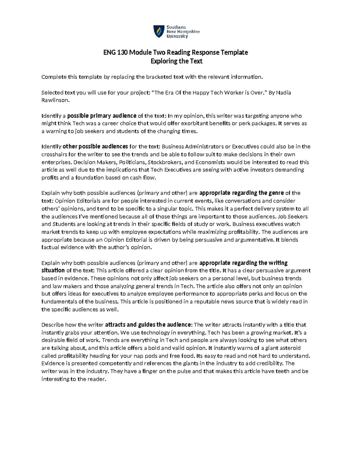 ENG 130 Module Two Reading Response: Analyzing "Era Of the Happy Tech Worker" - Studocu