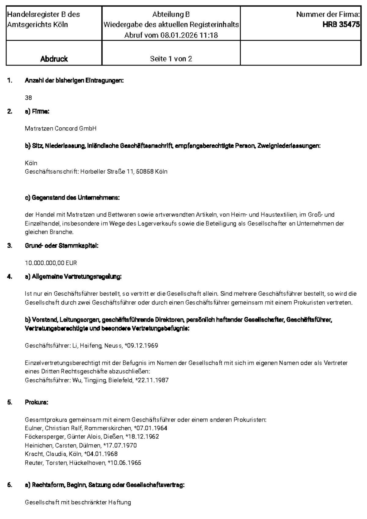 Handelsregister B Köln: Matratzen Concord GmbH (HRB 35475) - Studocu