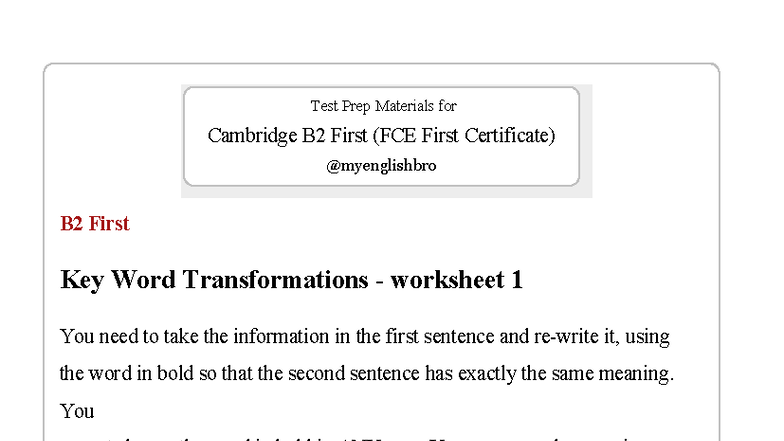 B2 First Exam Key Word Transformations - Worksheet 1 - Studocu