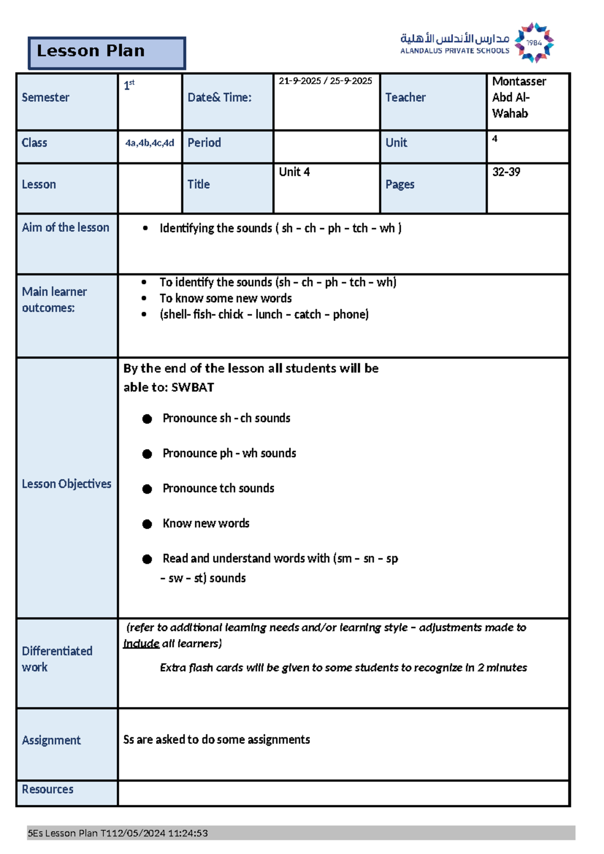 Unit 4 Phonics Lesson Plan (Grade 4) - Sounds (sh, ch, ph, tch, wh ...