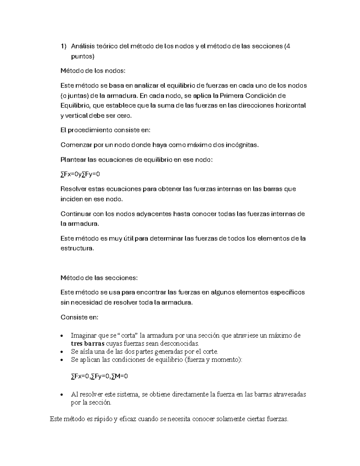 Análisis Teórico: Método de Nodos y Secciones en Estructuras (4 pts ...