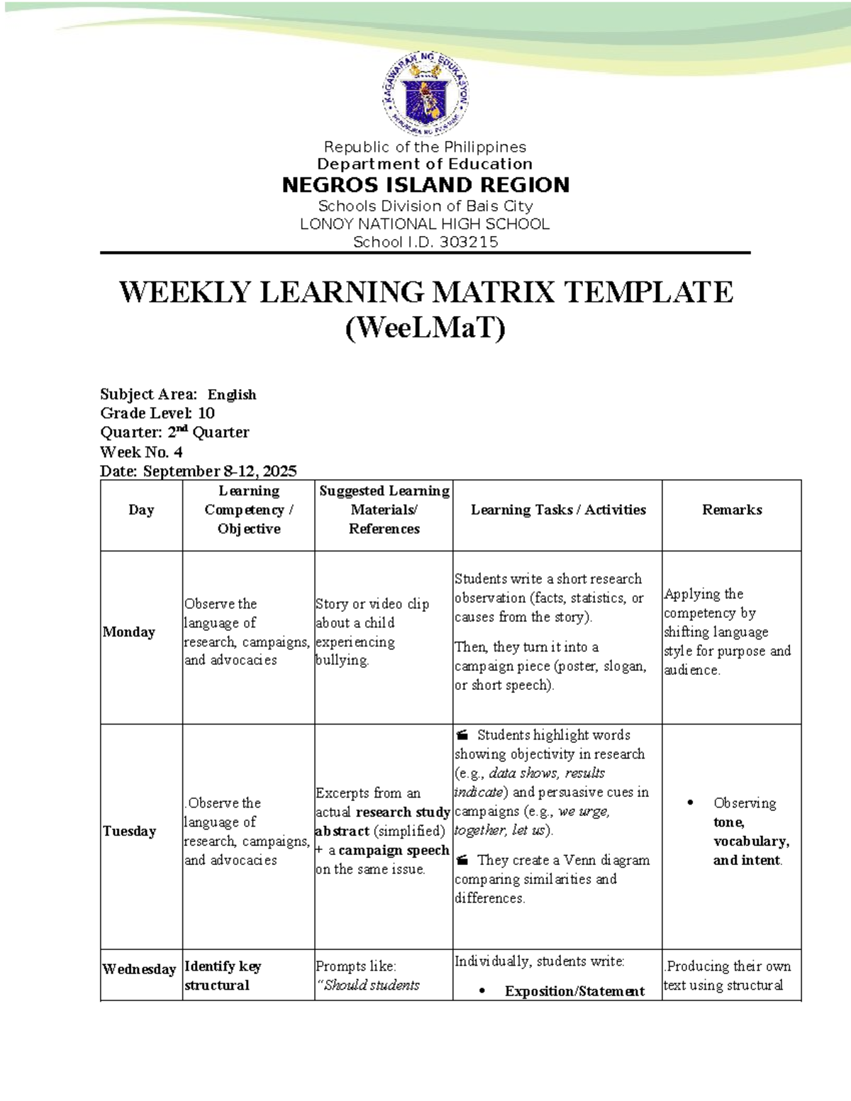Weekly Learning Matrix (WeeLMaT) for English 10 - 2nd Quarter Week 4 ...