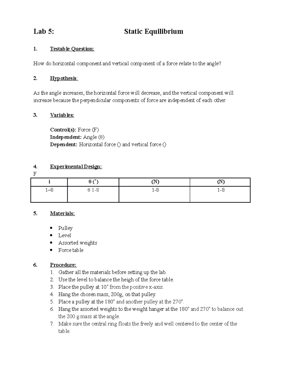 PHY111L Lab 5 - Static Equilibrium and Force Components Analysis - Studocu