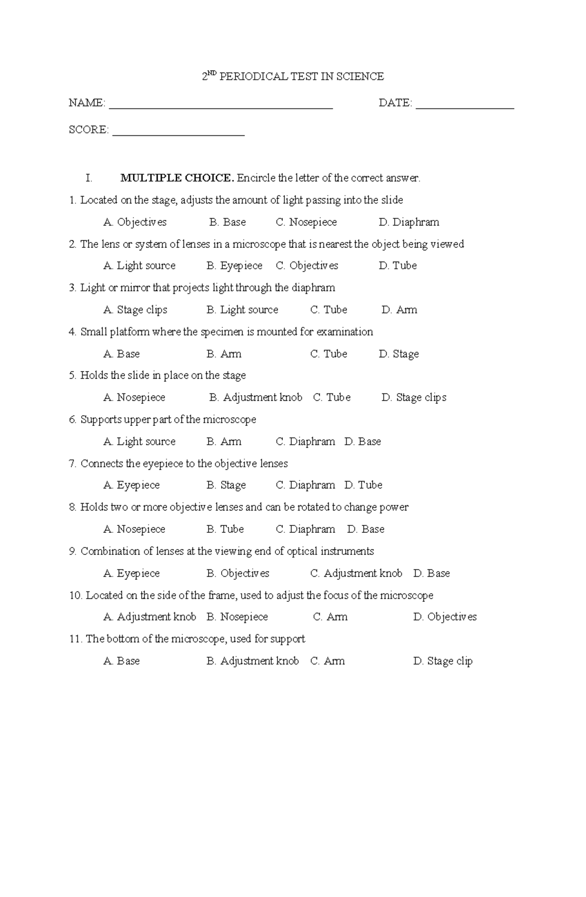 2ND Periodical TEST IN SPED - 2 ND PERIODICAL TEST IN SCIENCE NAME ...