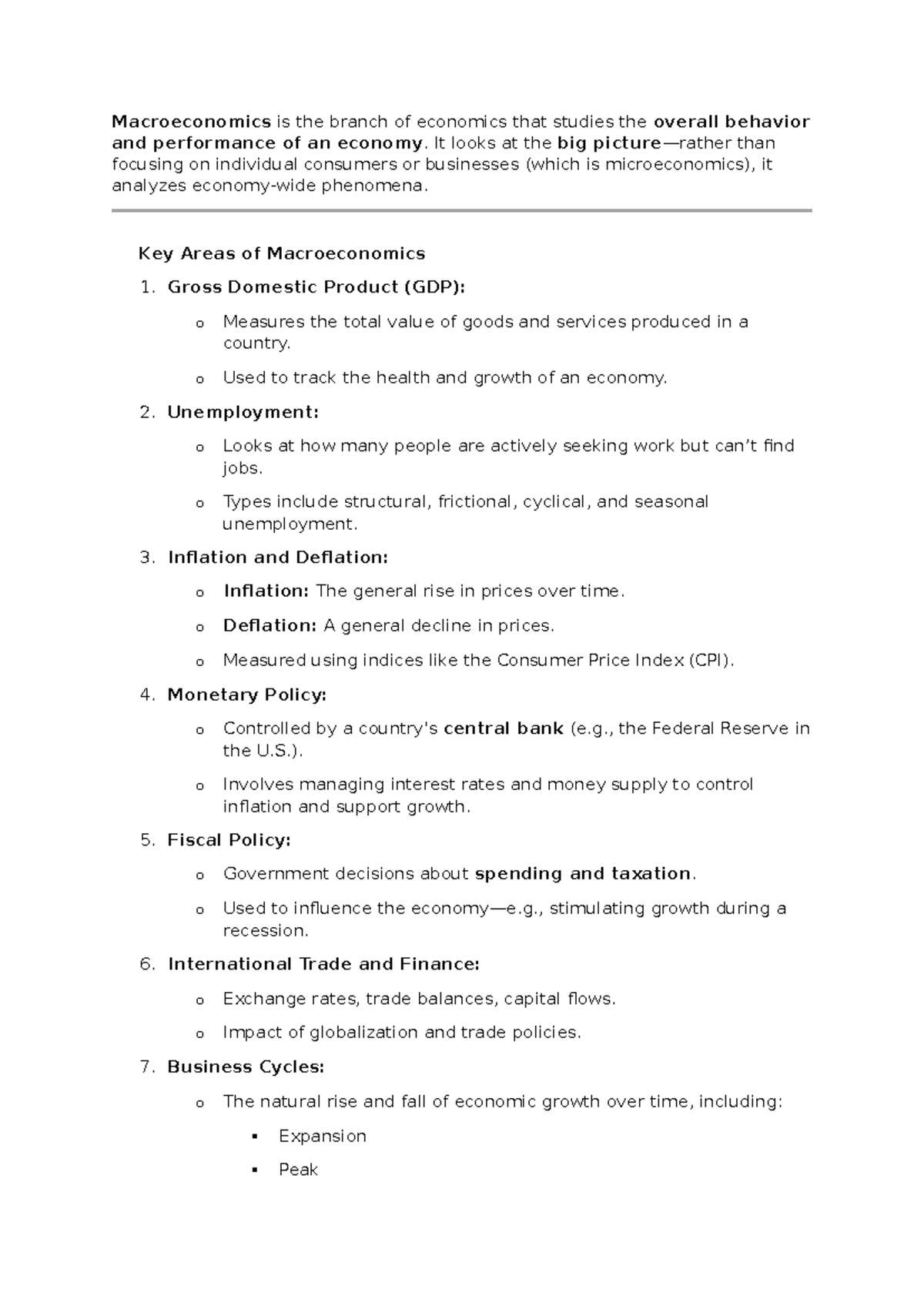 Intro to Macroeconomics: Key Concepts and Areas of Study - Studocu