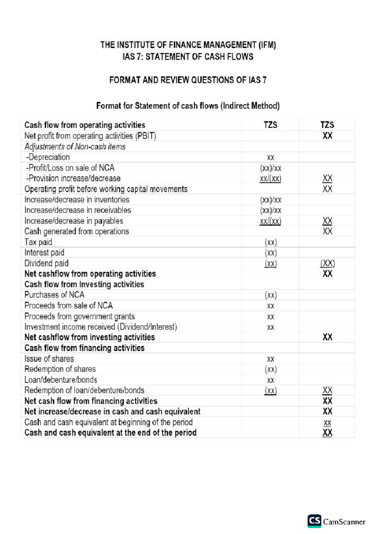IFM IAS 7: Cash Flows Statement Format & Review Questions - Studocu