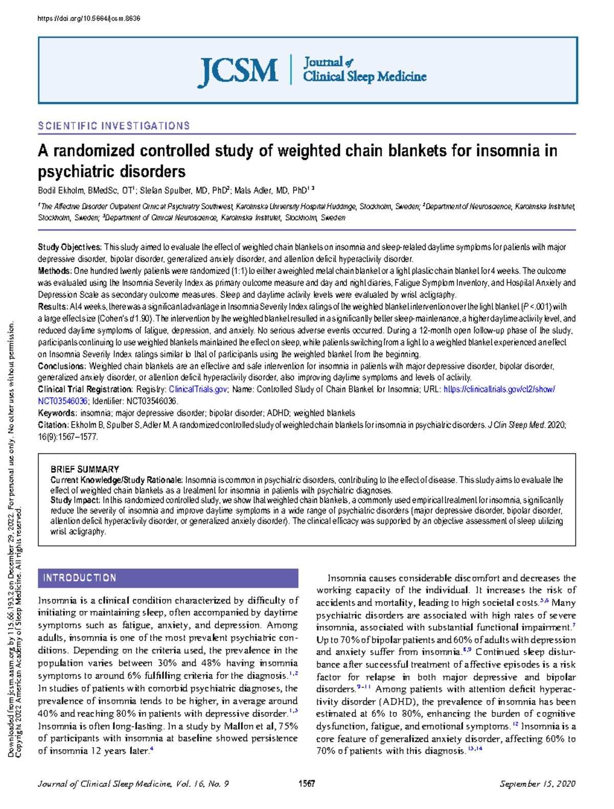 Effectiveness of Weighted Chain Blankets for Insomnia in Psychiatric ...