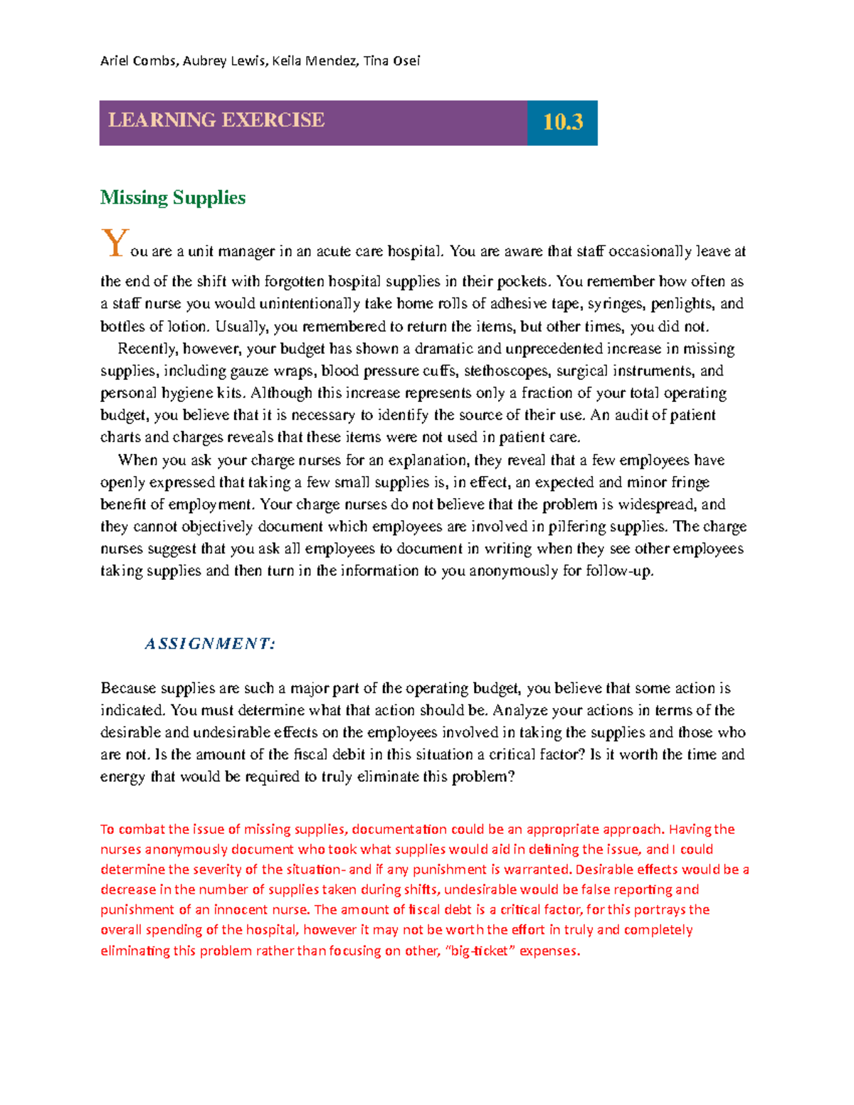 LE 10.3 Analysis of Missing Supplies in Acute Care Facilities - Studocu