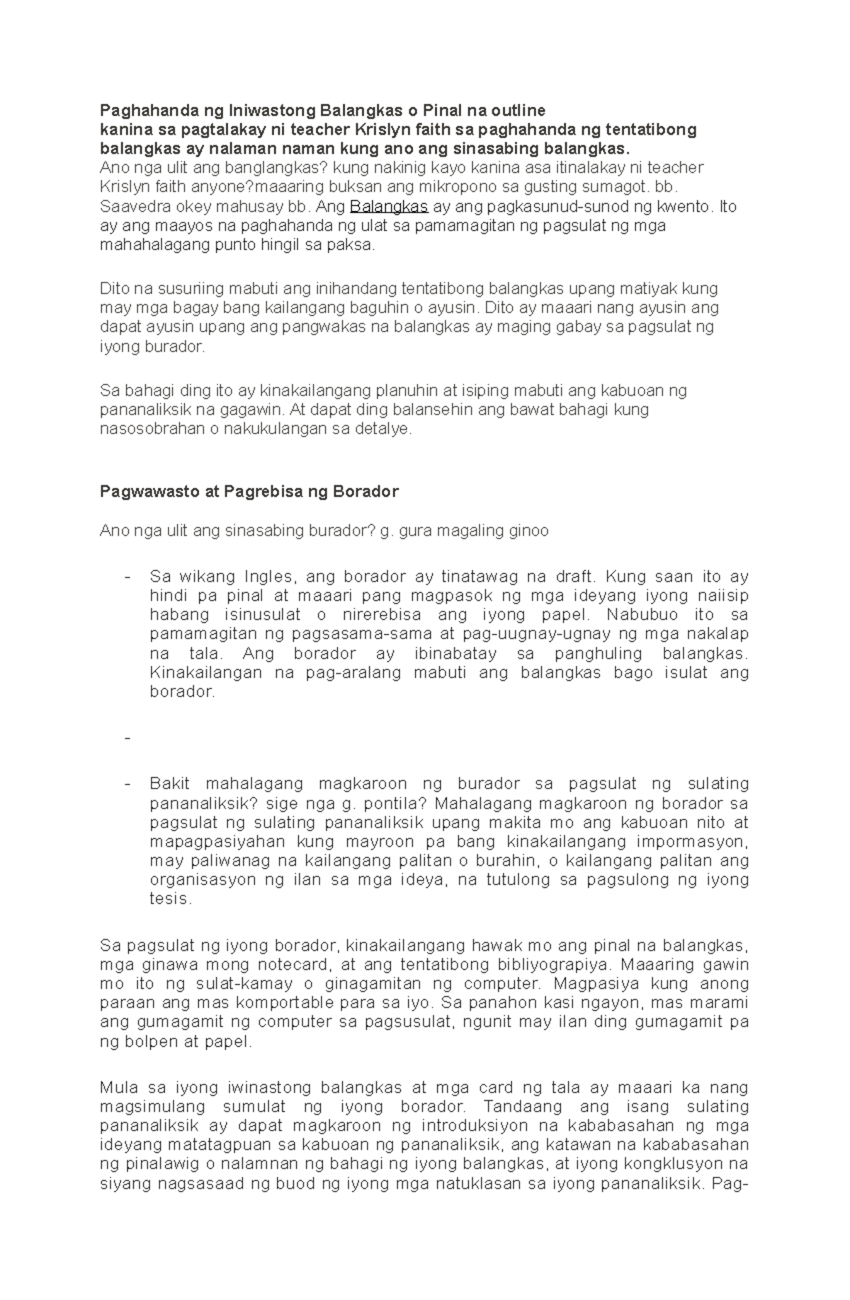 Paghahanda ng Iniwastong Balangkas o Pinal na outline - Ano nga ulit ...