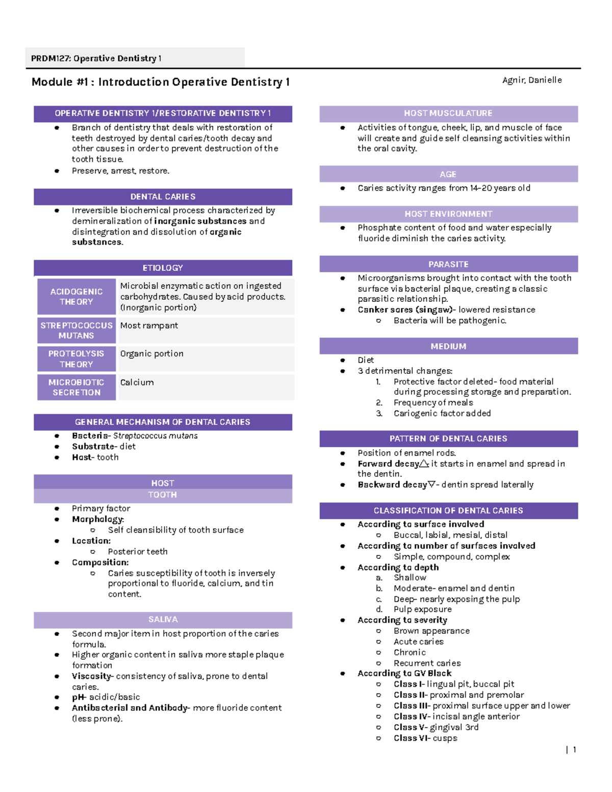 PRDM127: Operative Dentistry 1 Lecture Notes on Dental Caries and ...