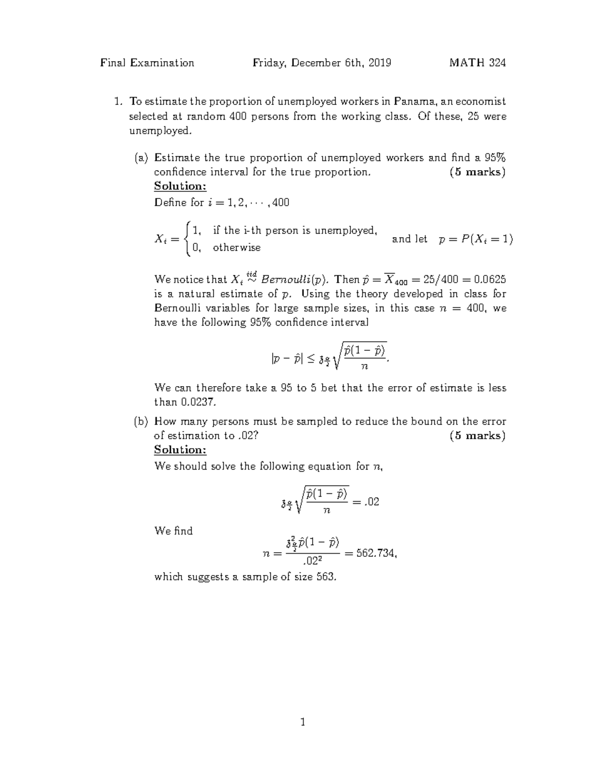 Final exam solutions for MATH 324 - December 6, 2019 - Studocu