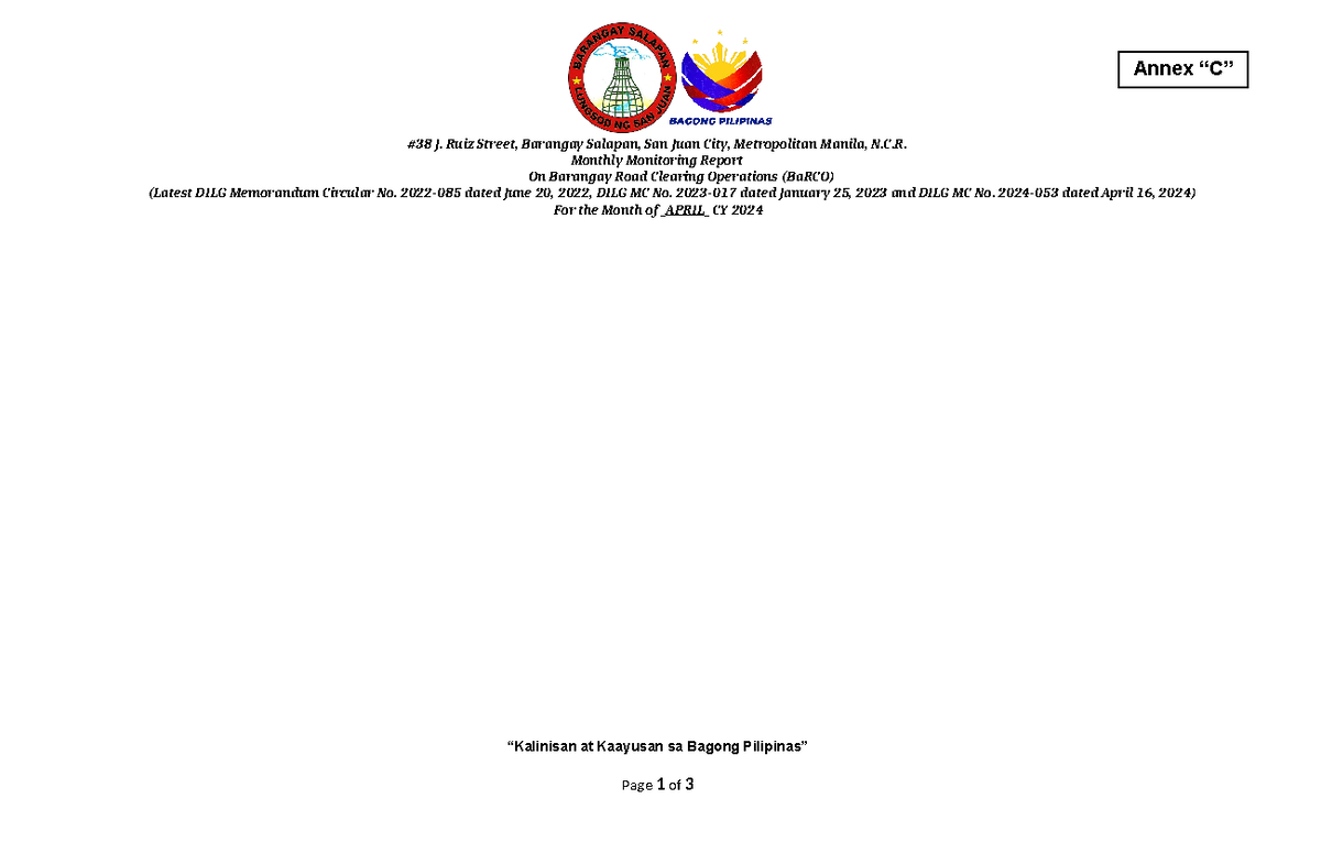 Monthly Monitoring Report Template for Barangay BaRCO Operations - APR ...