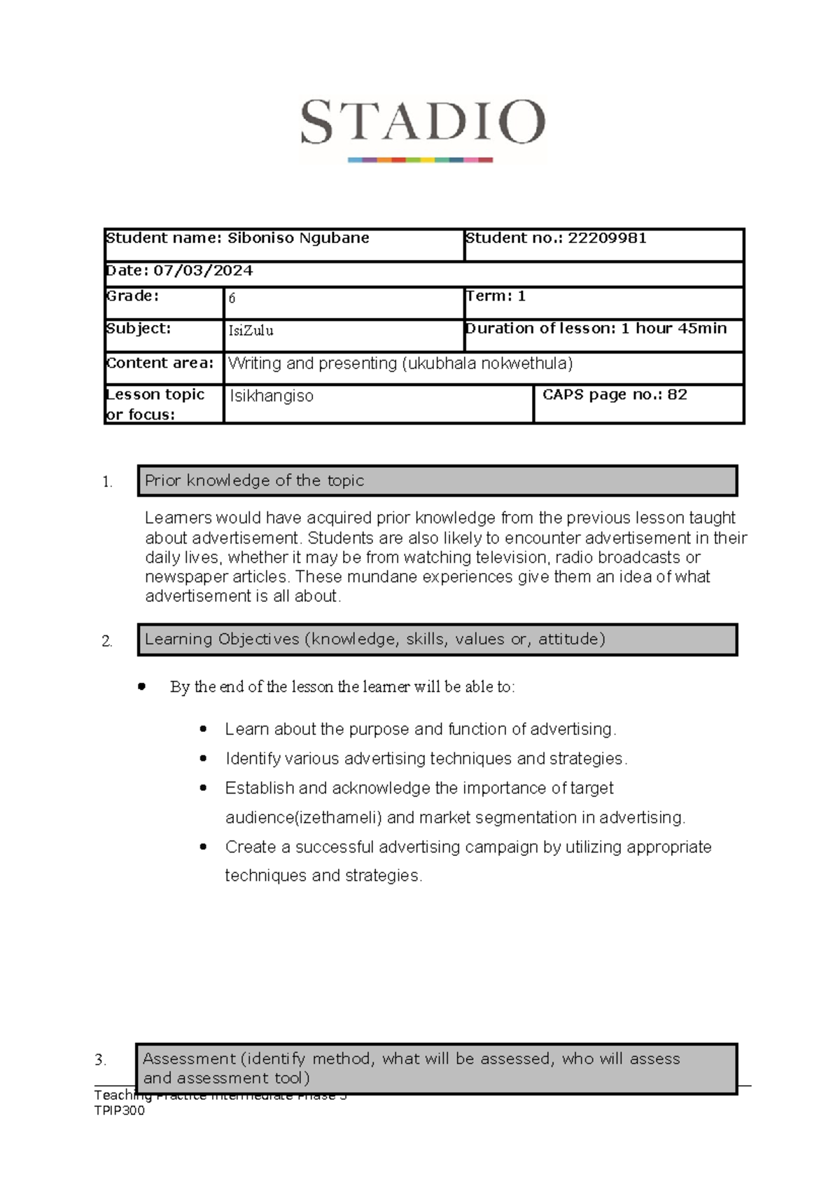 IsiZulu Lesson Plan: Isikhangiso Techniques - TPIP300 22209981 - Studocu