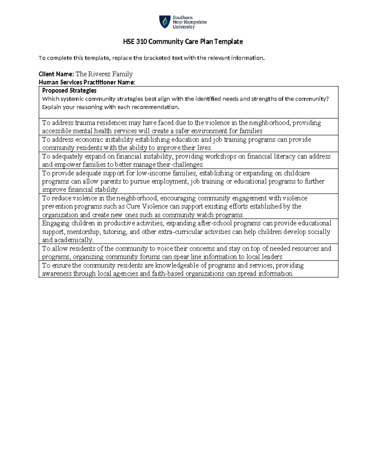 HSE 310 Community Care Plan Template and Strategies - Studocu