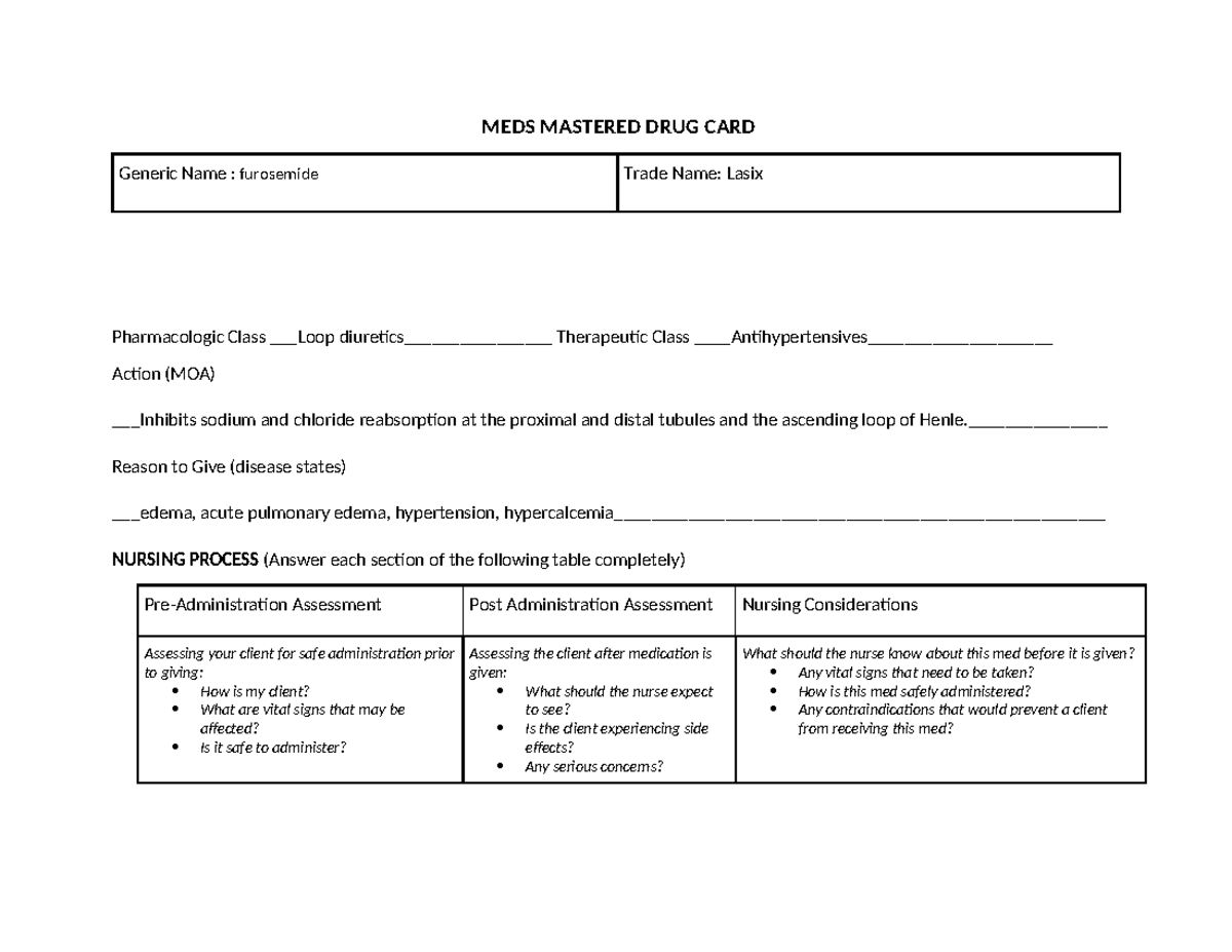 Furosemide (Lasix) drug card: nursing considerations and assessments ...